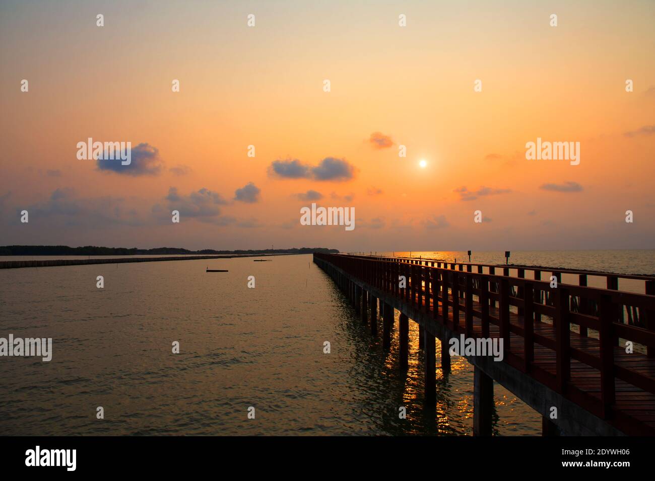 Long Bridge at sea view on morning seascape sunrise background Stock ...