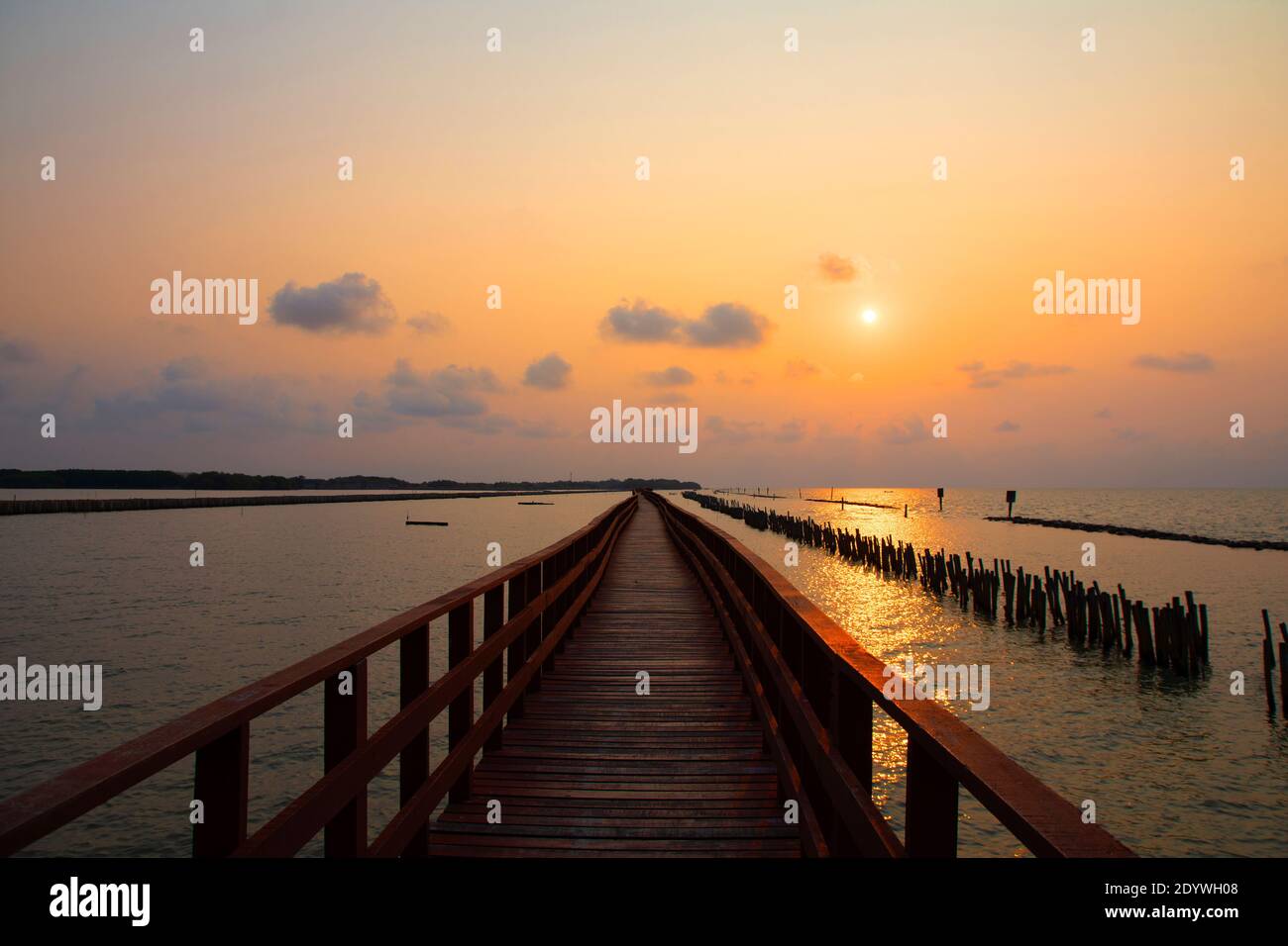 Long Bridge at sea view on morning seascape sunrise background Stock ...