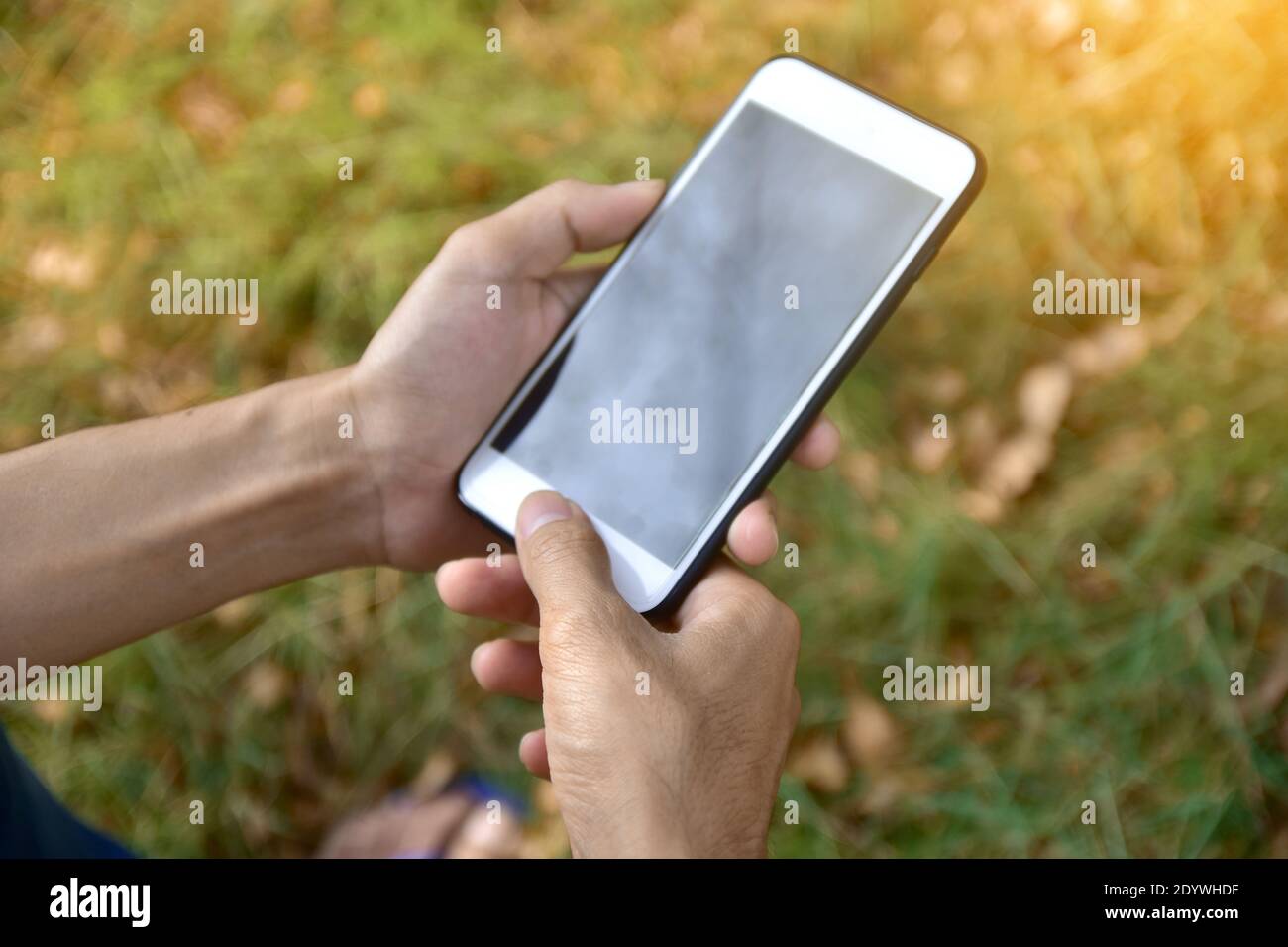 Man holding mobile smart phone using smart application by internet ...
