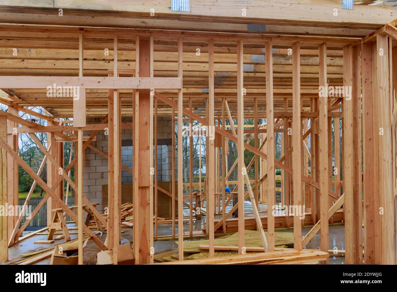 Framing of under construction wooden house building frame structure on ...