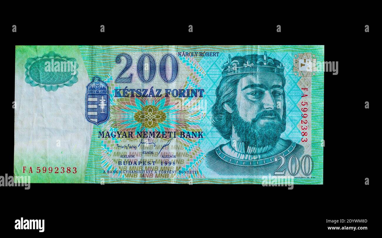Hungary, 200 Forint Banknote, King Charles Robert, front. In use 1998 ...