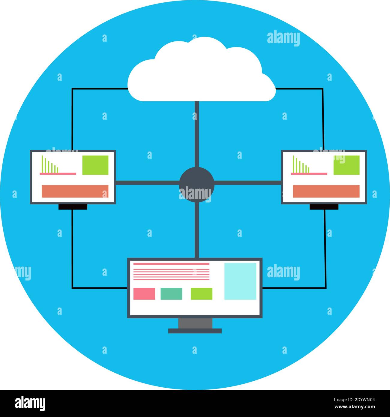 Connected computers, illustration, vector on a white background Stock ...