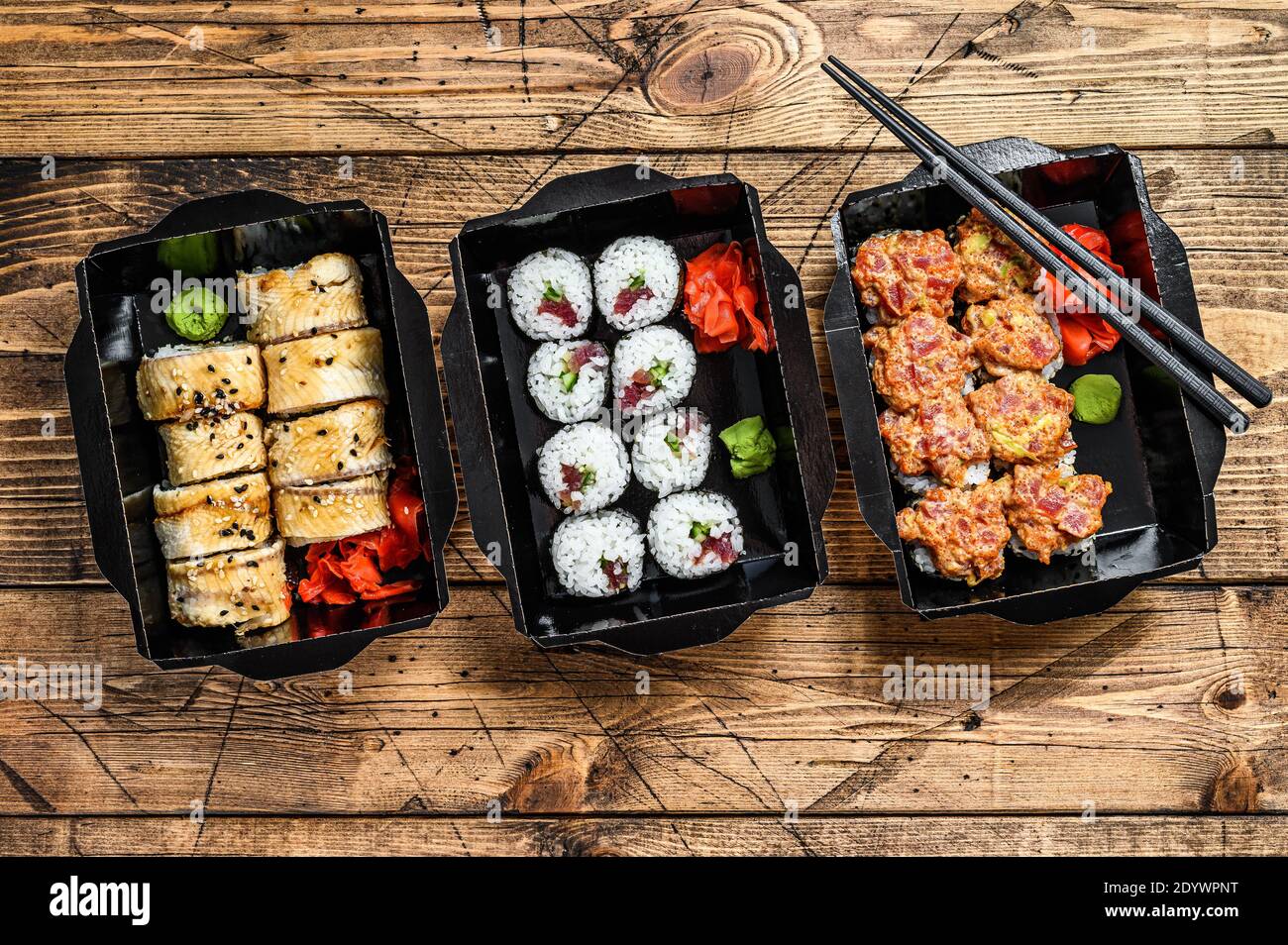 Japanese restaurant food in take away, set delivery box. Wooden ...