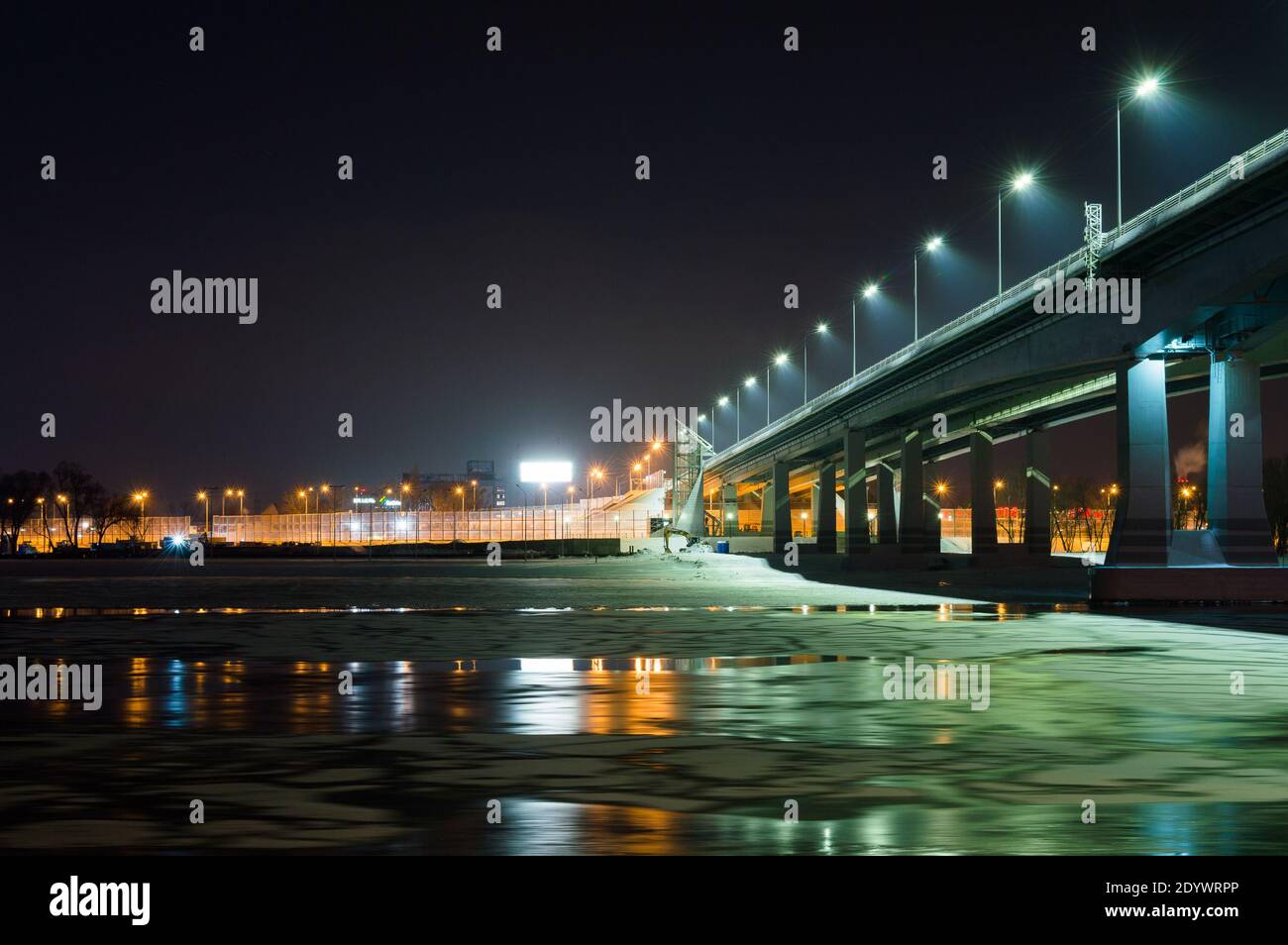 Night view of illuminated bridge above of river Don in Rostov-on-Don in ...
