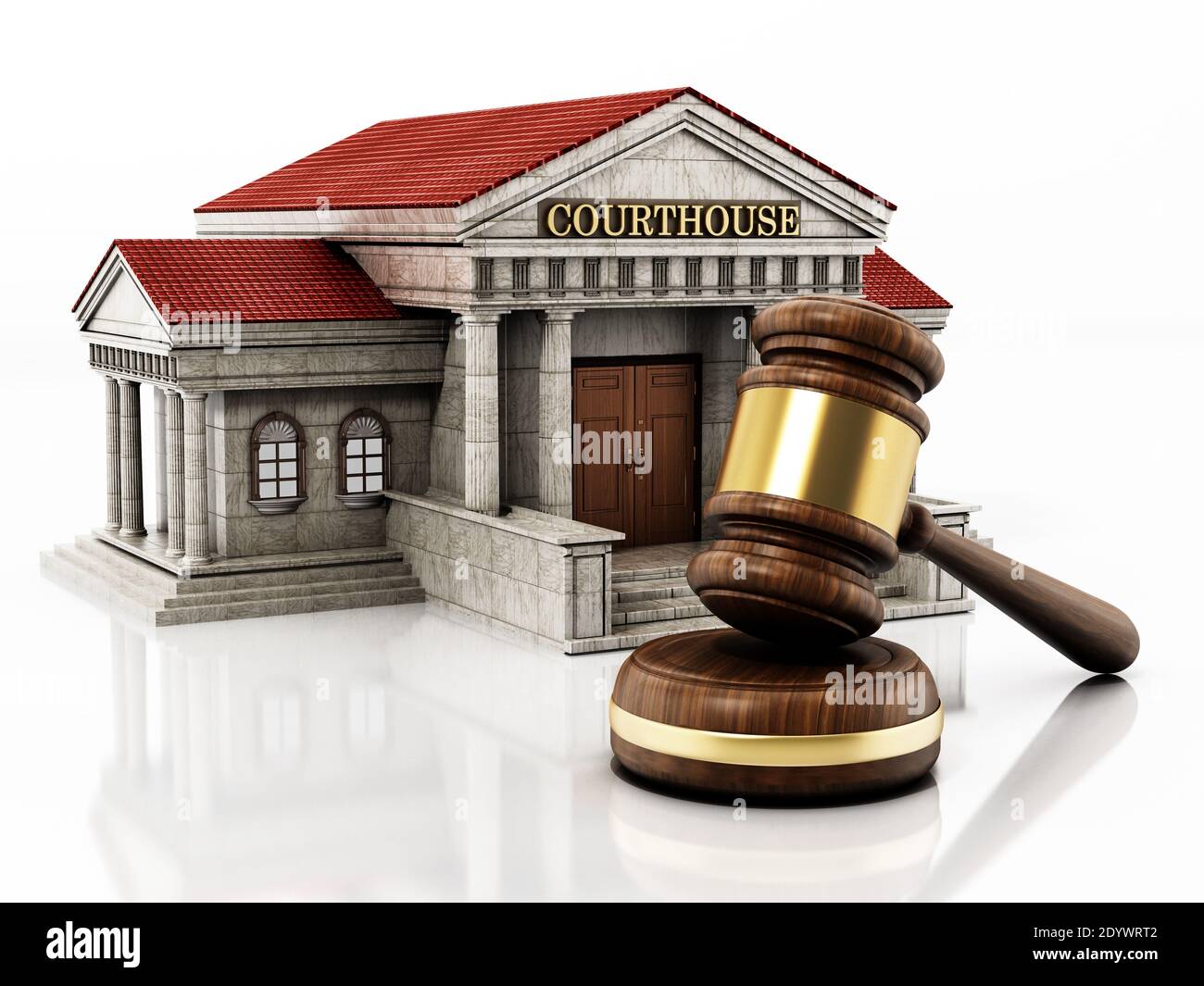 Courthouse and gavel isolated on white background. 3D illustration ...
