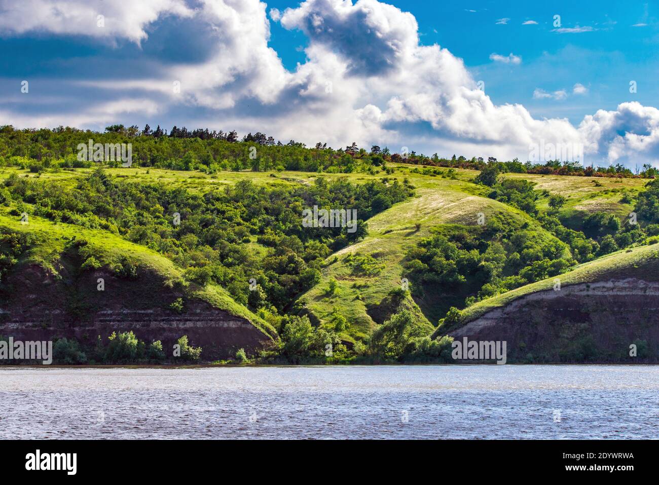 Panoramic view of the river Don and hills, slopes, steppe coast, gully ...
