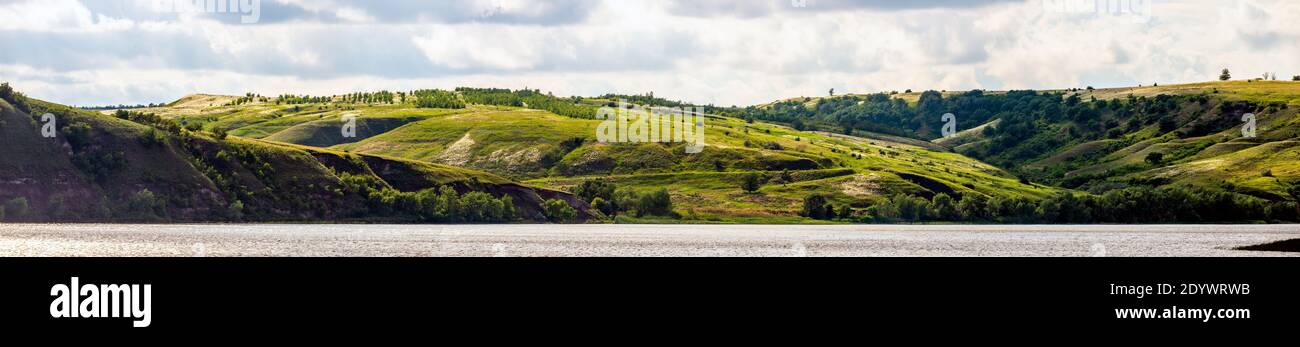 Panoramic view of the river Don and hills, slopes, steppe coast, gully ...
