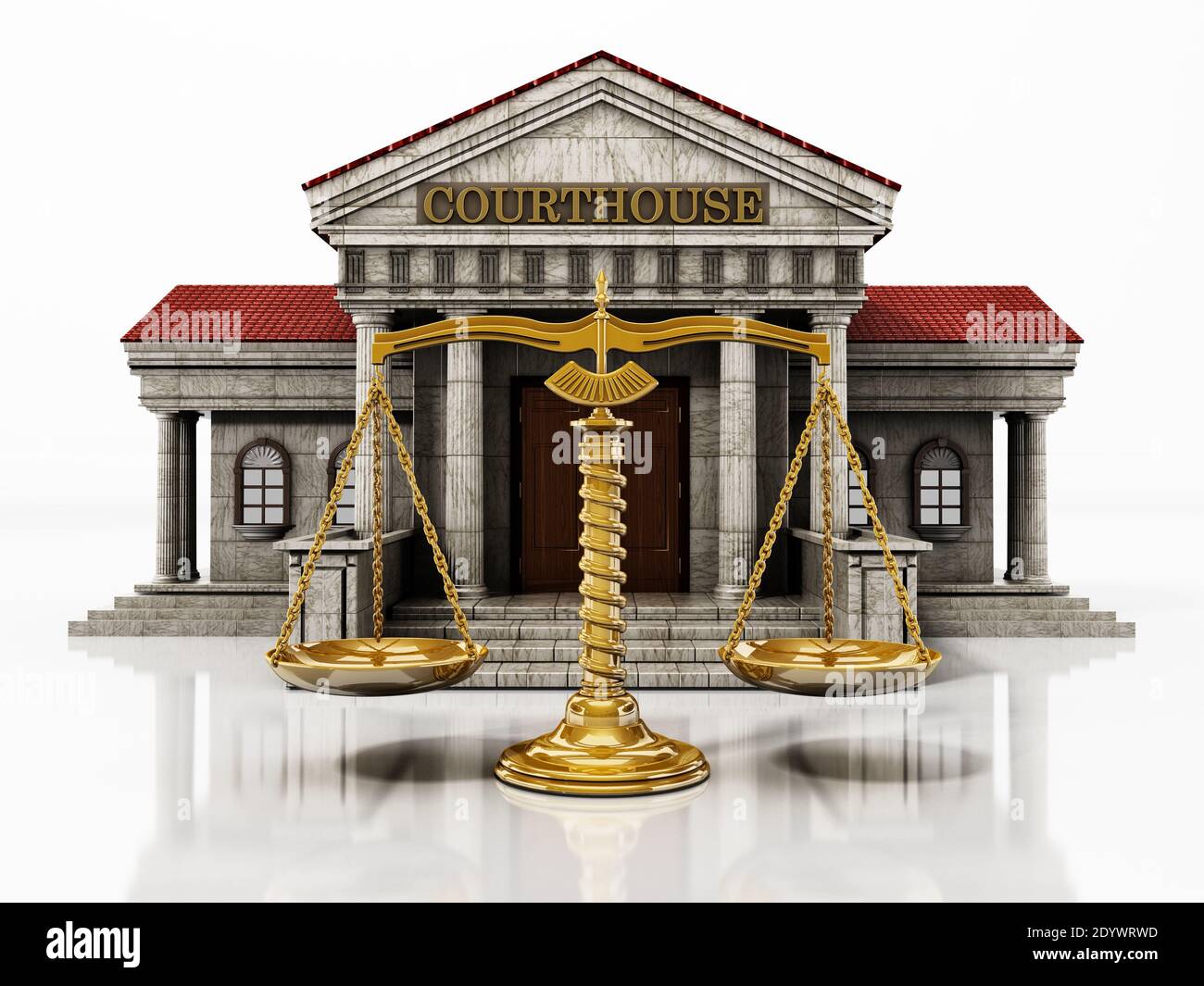 Courthouse and balanced scale isolated on white background. 3D ...