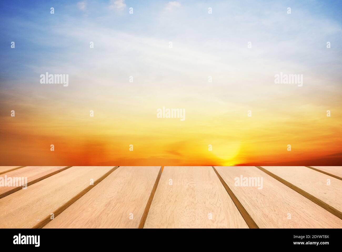 Wooden table for your texture and Sunset sky background montage Stock ...