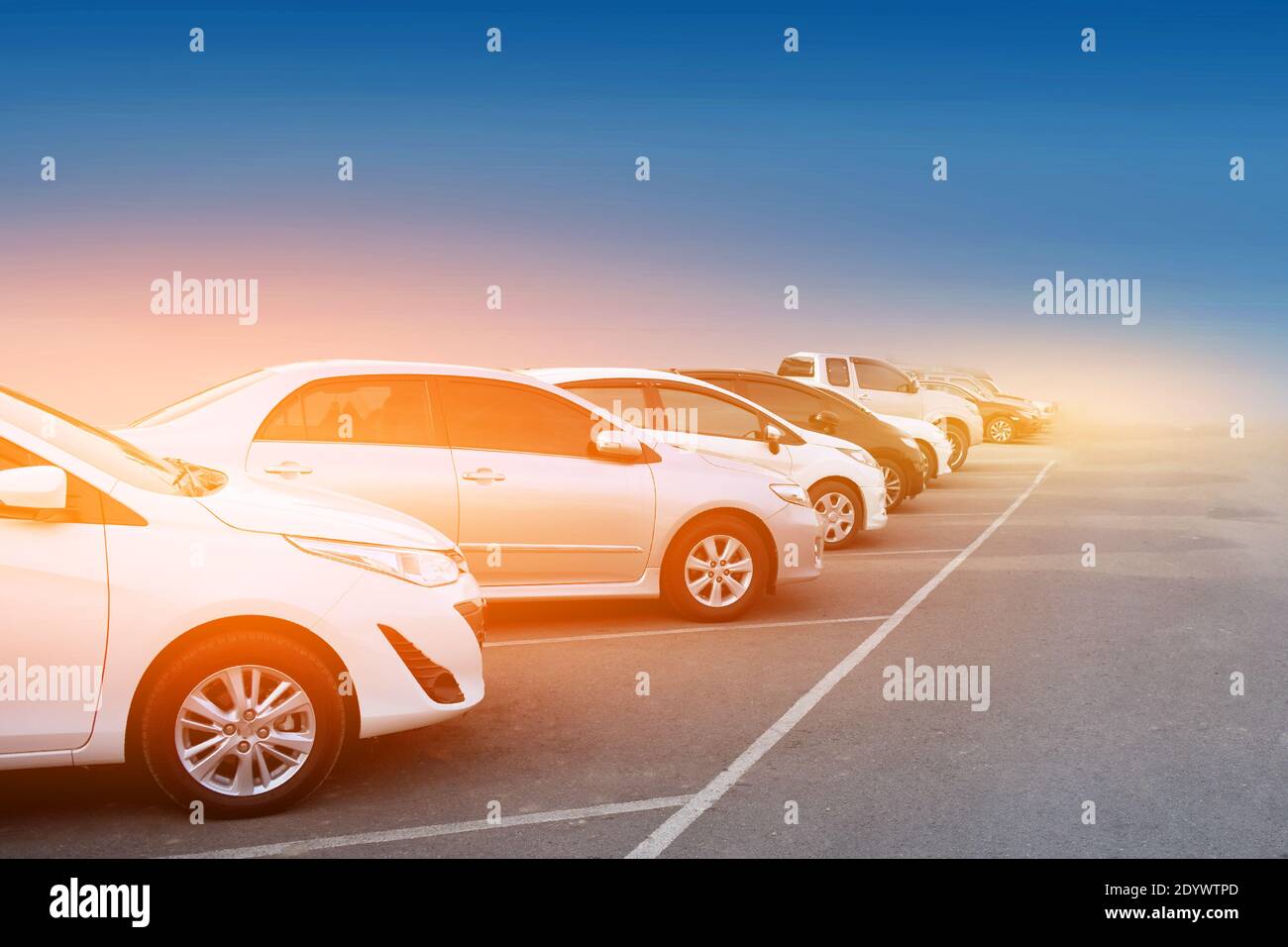 Car parked row on road,Car a lot parking in line and sunset ...
