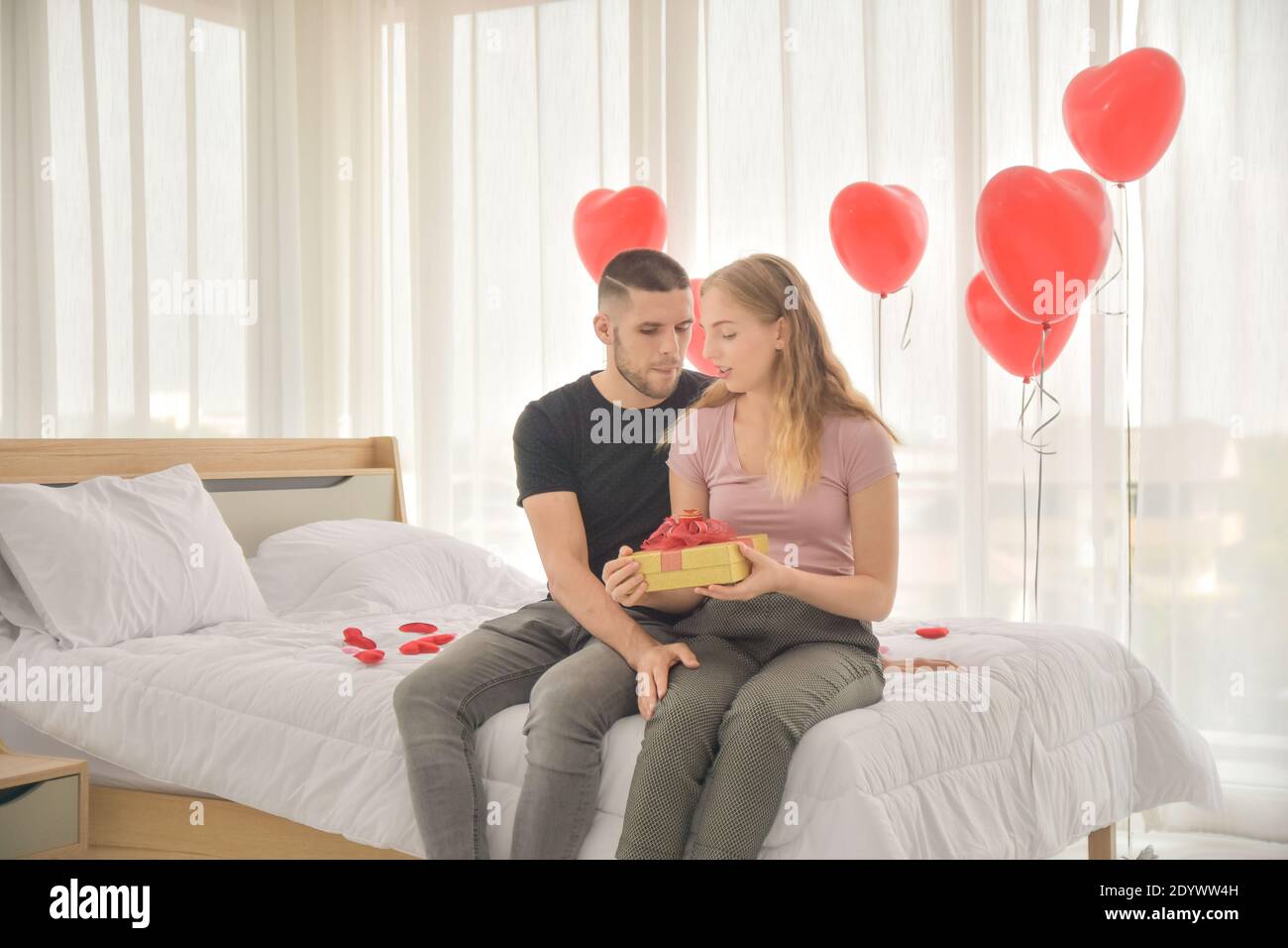 Couple Giving T Box In Bedroom Happiness In Love Valentines Day