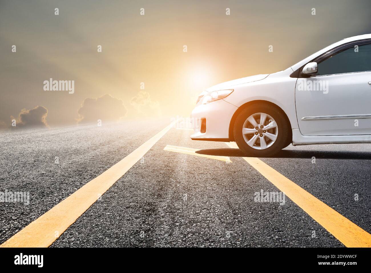 Car on Road or line pattern background against sunset for texture ...