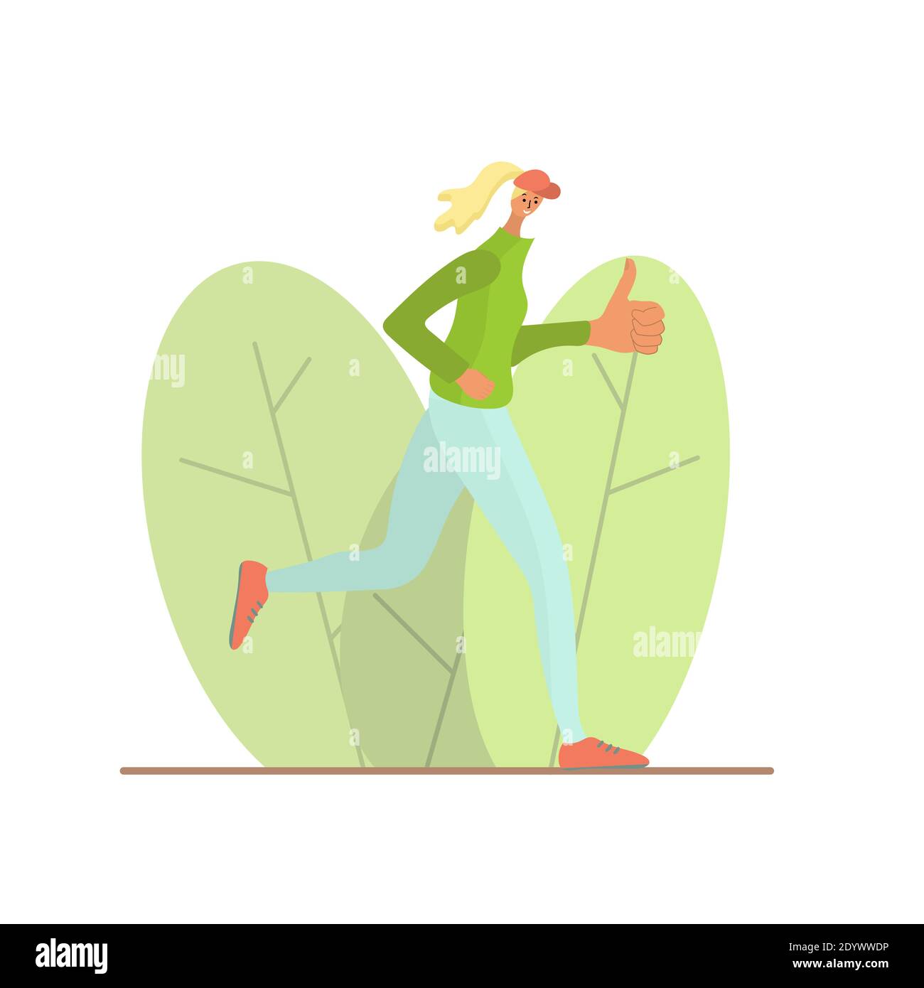 The happy running woman holds thumbs up. Doodle style. Vector ...