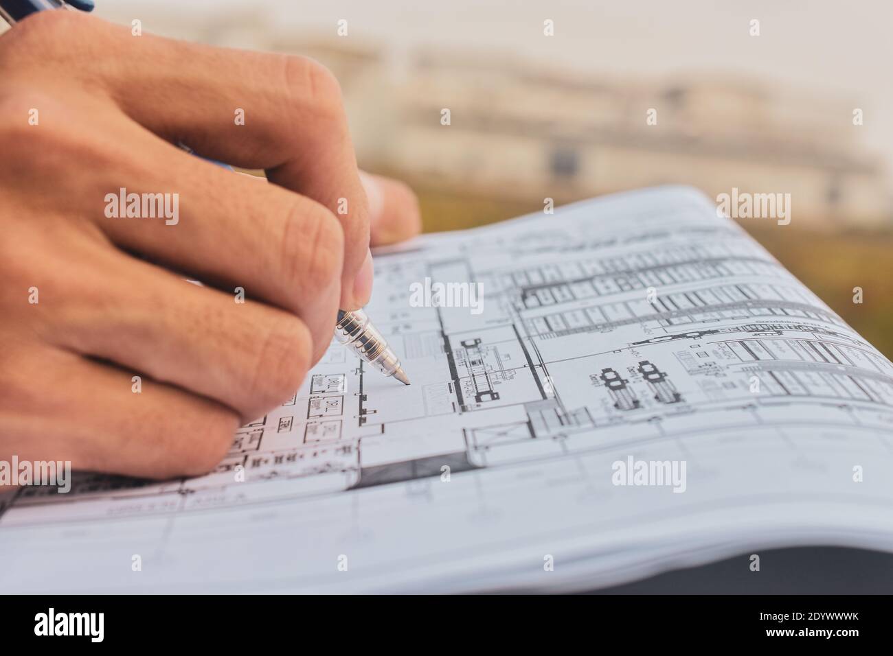 Close up hand writing on blue print check list planing building ...