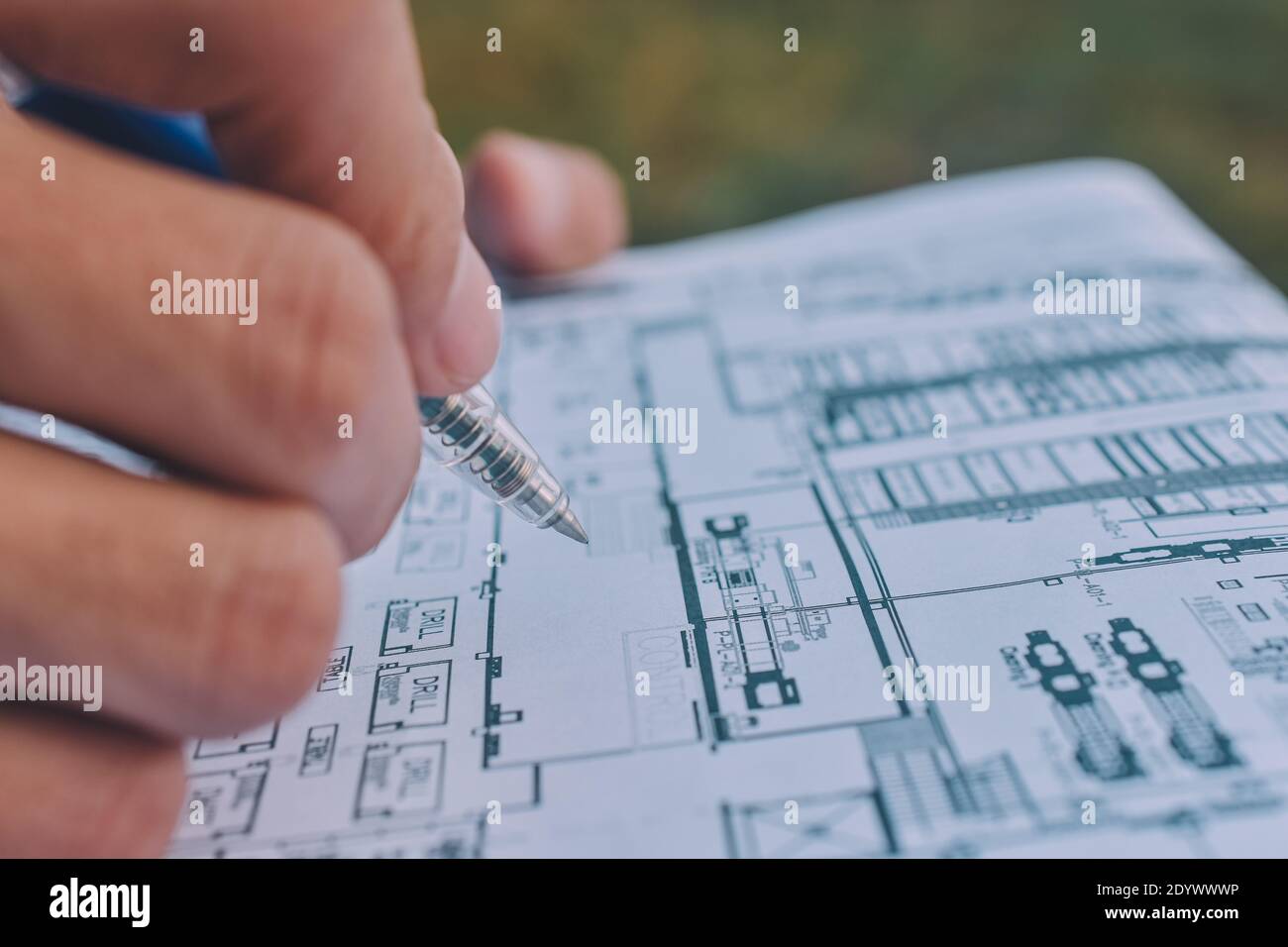 Close up hand writing on blue print check list planing building ...