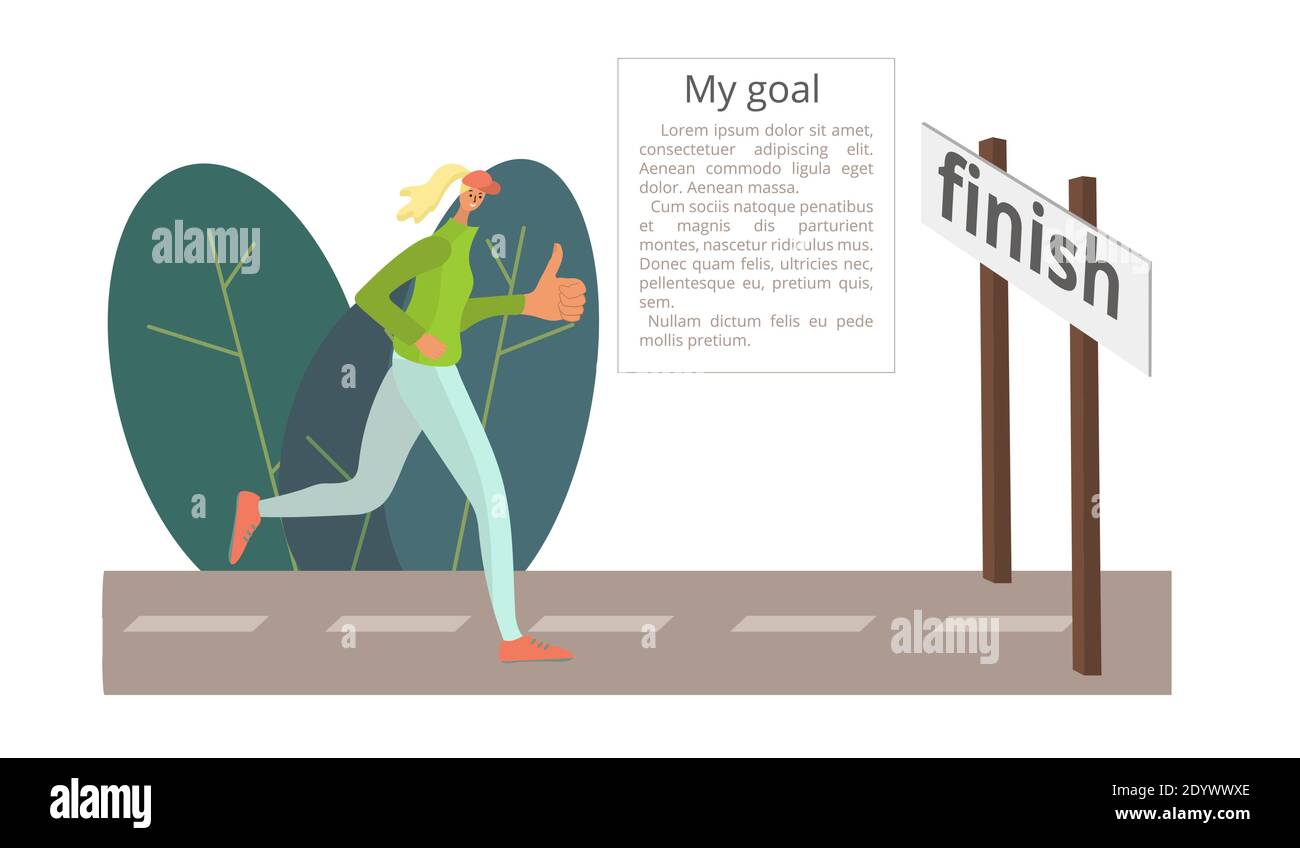 The woman runs to the finish line and gives a thumbs-up. The symbol for ...