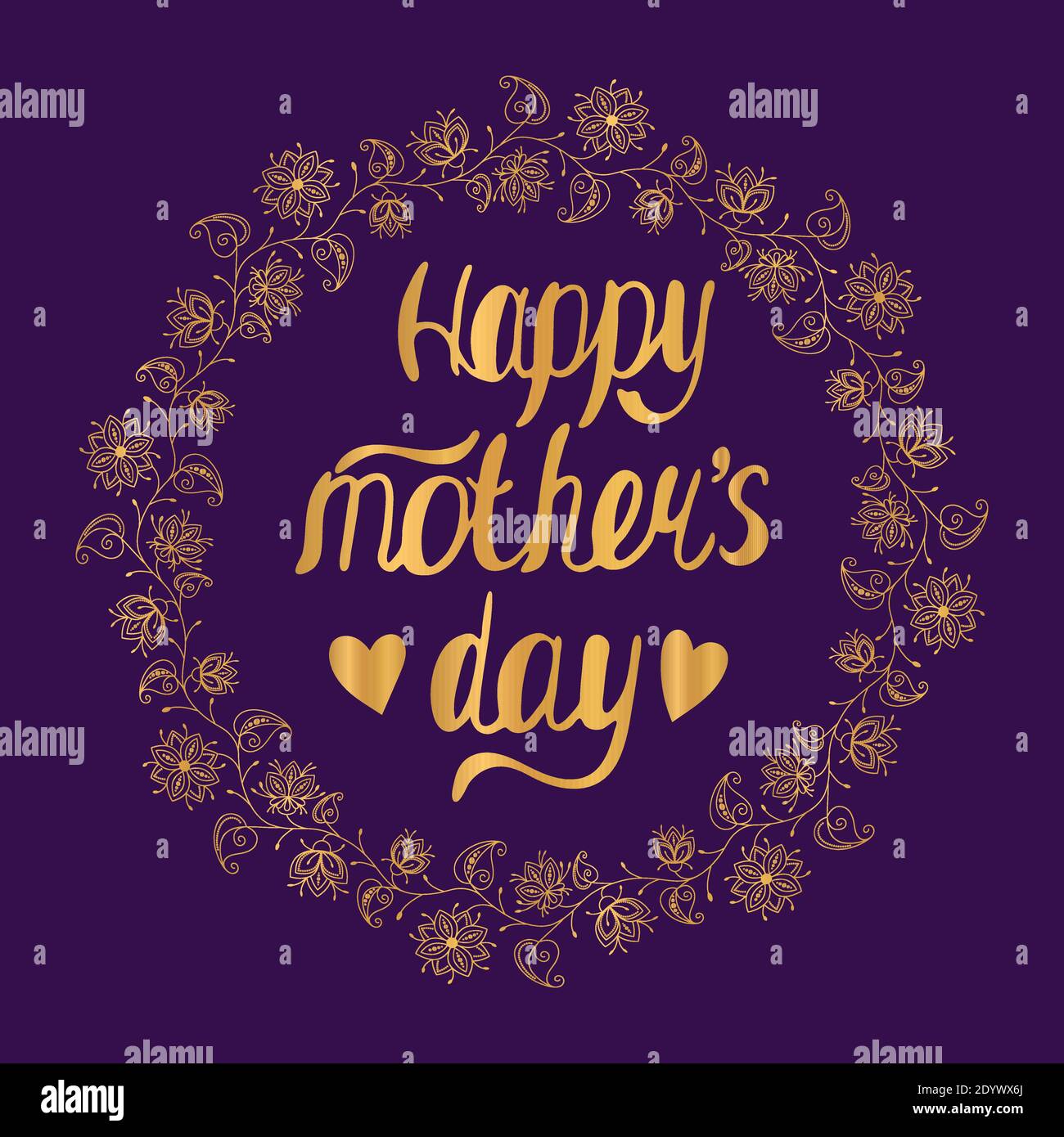 Lettering With mother s day in a gold round flower frame on a purple ...