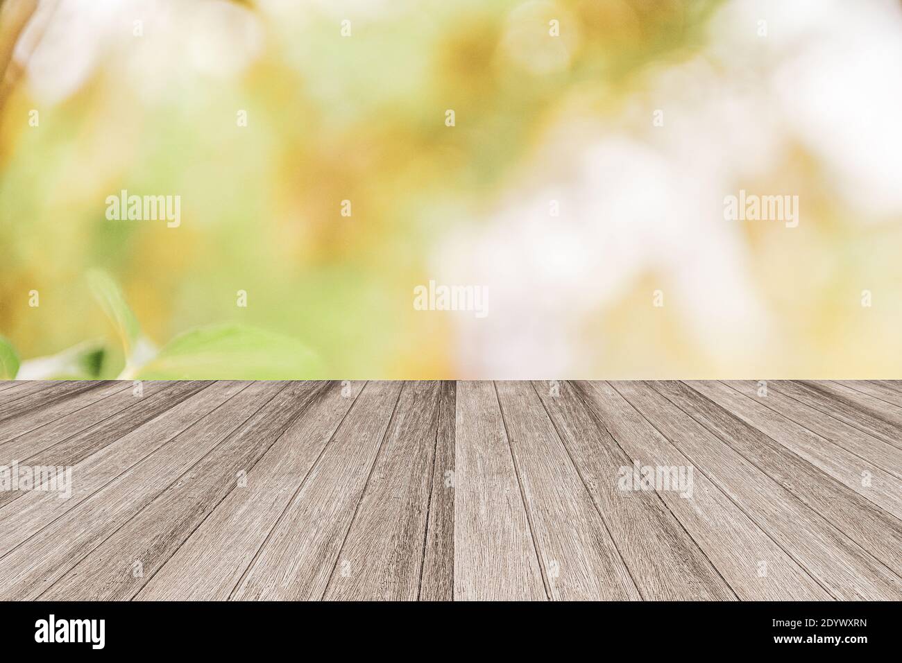 Wooden table montage green background Stock Photo - Alamy