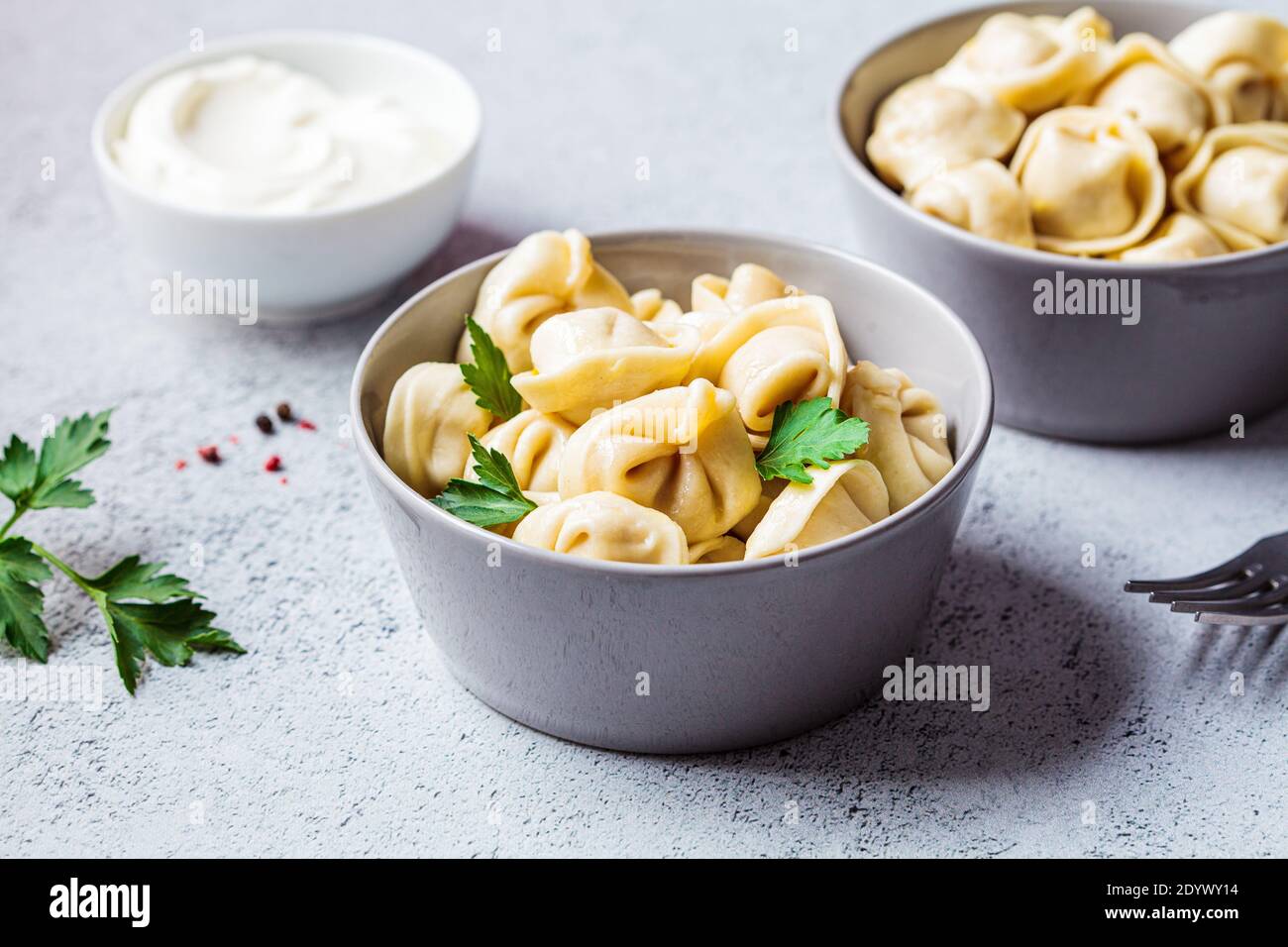 Traditional Russian meat dumplings with sour cream and parsley. Russian ...