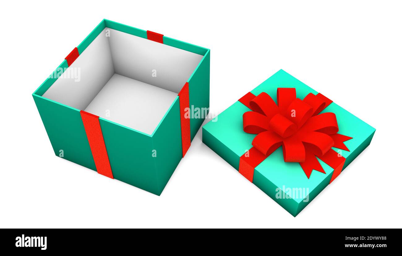 Open empty green gift box with red ribbon isolated on white background ...