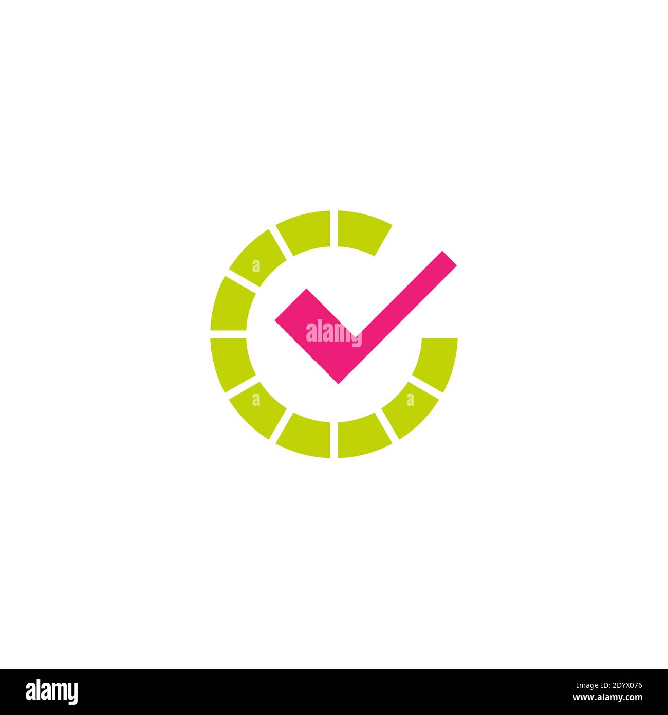 Done check mark. Valid seal icon. pink tick in green circle. Flat OK ...