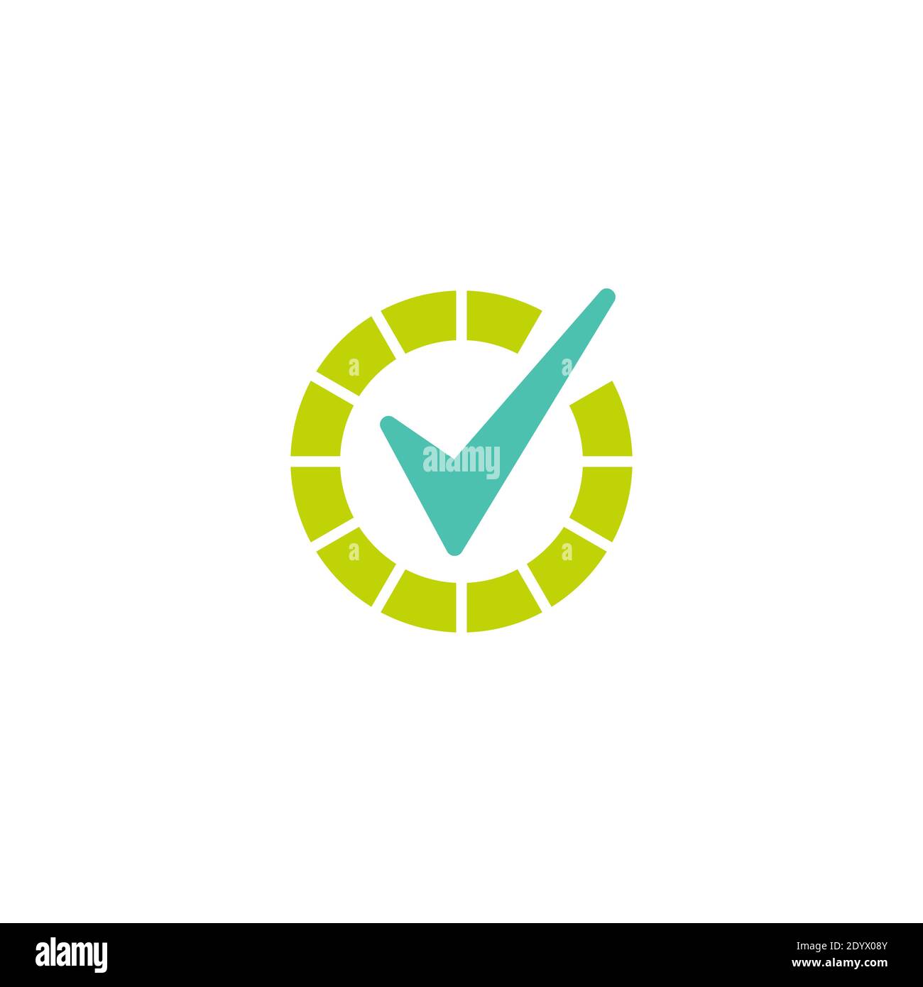 Done check mark. Valid seal icon. blue tick in green circle. Flat OK ...