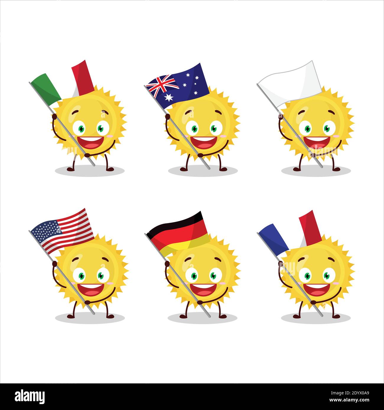 Bright sun cartoon character bring the flags of various countries ...