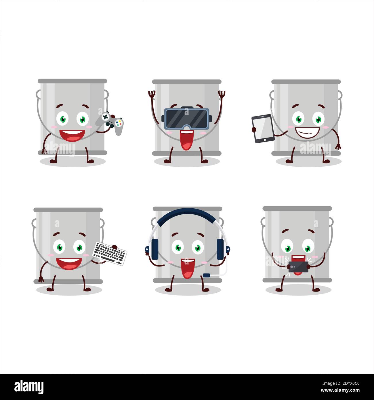 Grey paint bucket cartoon character are playing games with various cute ...