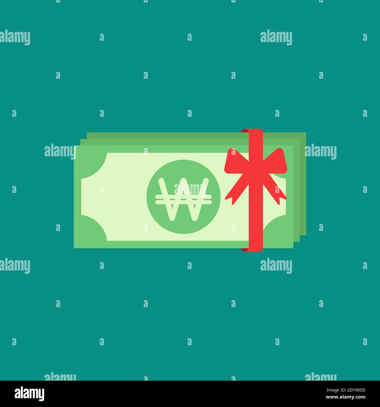 Green korean won bank notes pack with red ribbon isolated on blue ...