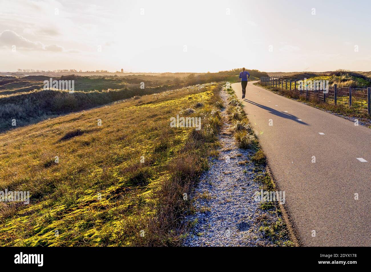 Bicycle track in dune landscape with runner on the horizon (cropped ...