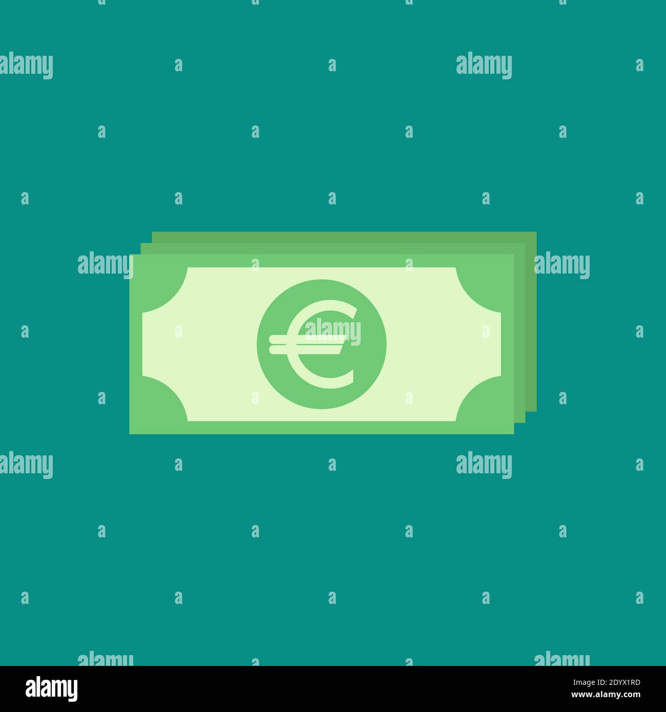 Green bank notes with euro sign. Flat icon isolated on blue. Money ...
