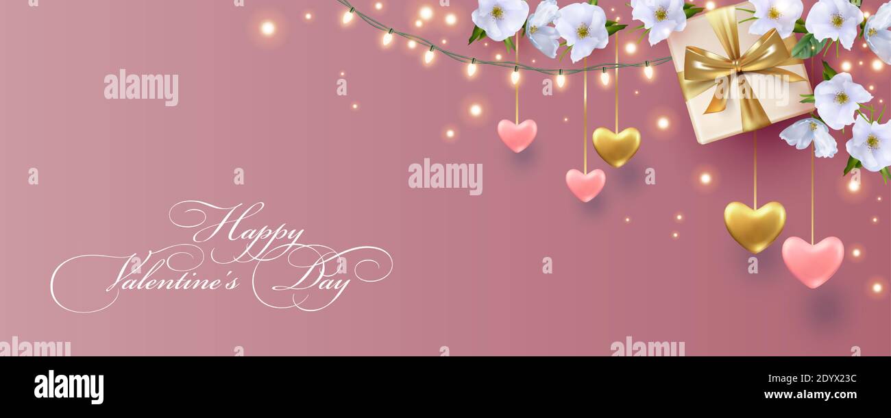 Valentine's day elegant banner with hanging hearts, a garland of light ...