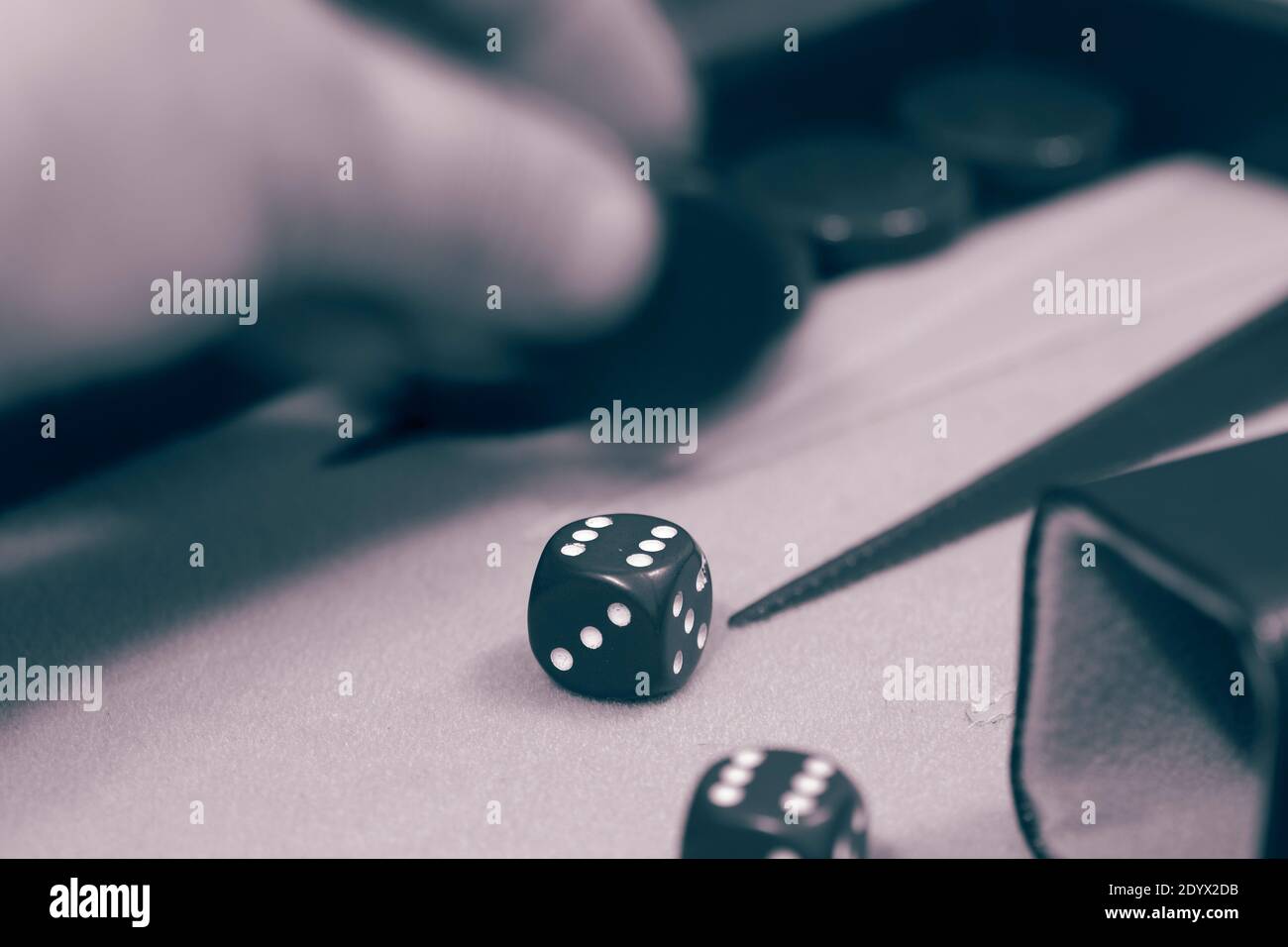 Backgammon set, player moving piece, on a cloth and leather board. With ...