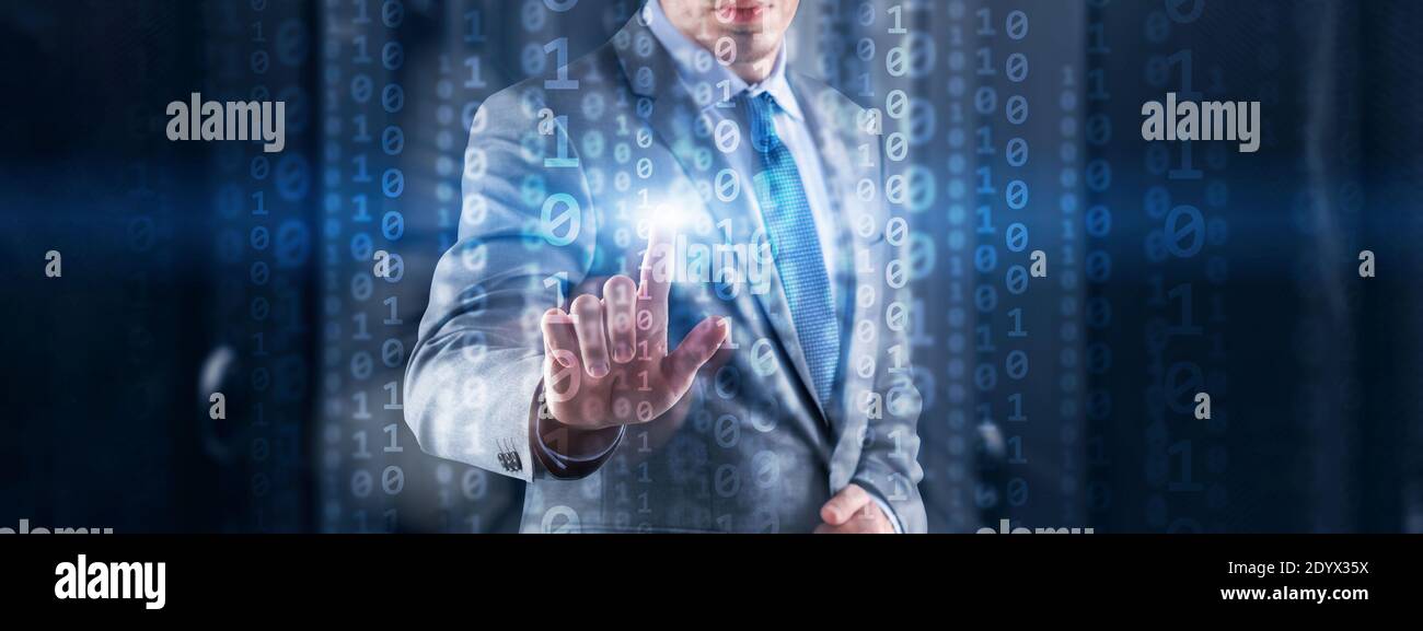 Big data statistics and business analytics concept. Binary code Information on virtual screen ...