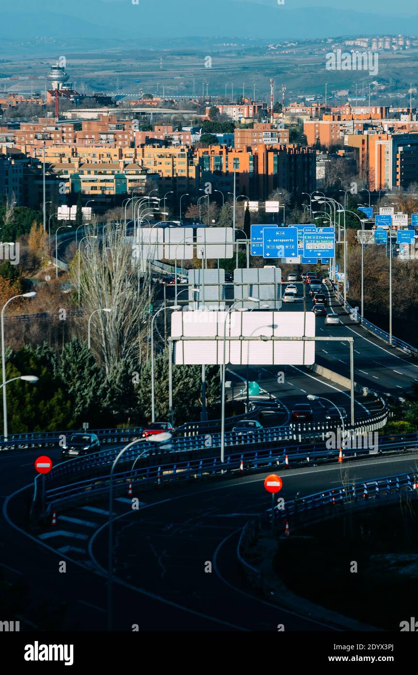 Vertical shot of Madrid cityscape, a highway with traffic Stock Photo ...