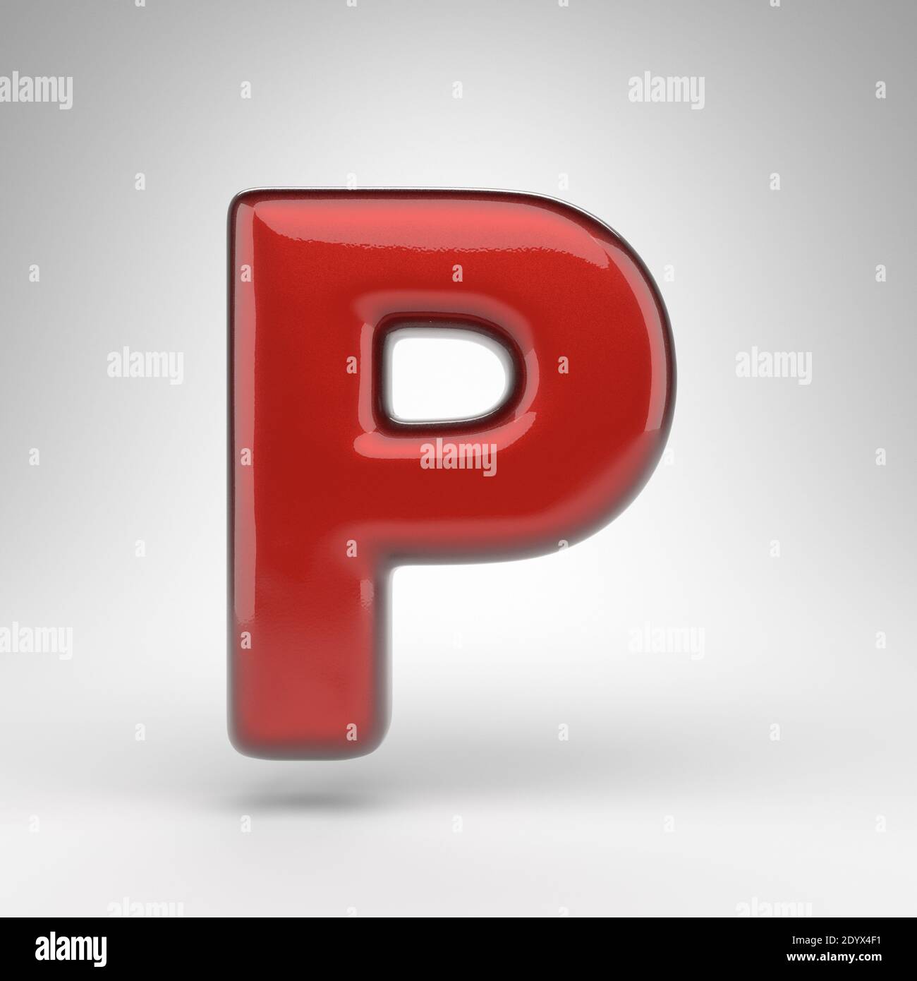 Letter P uppercase on white background. Red car paint 3D rendered font with glossy metallic ...