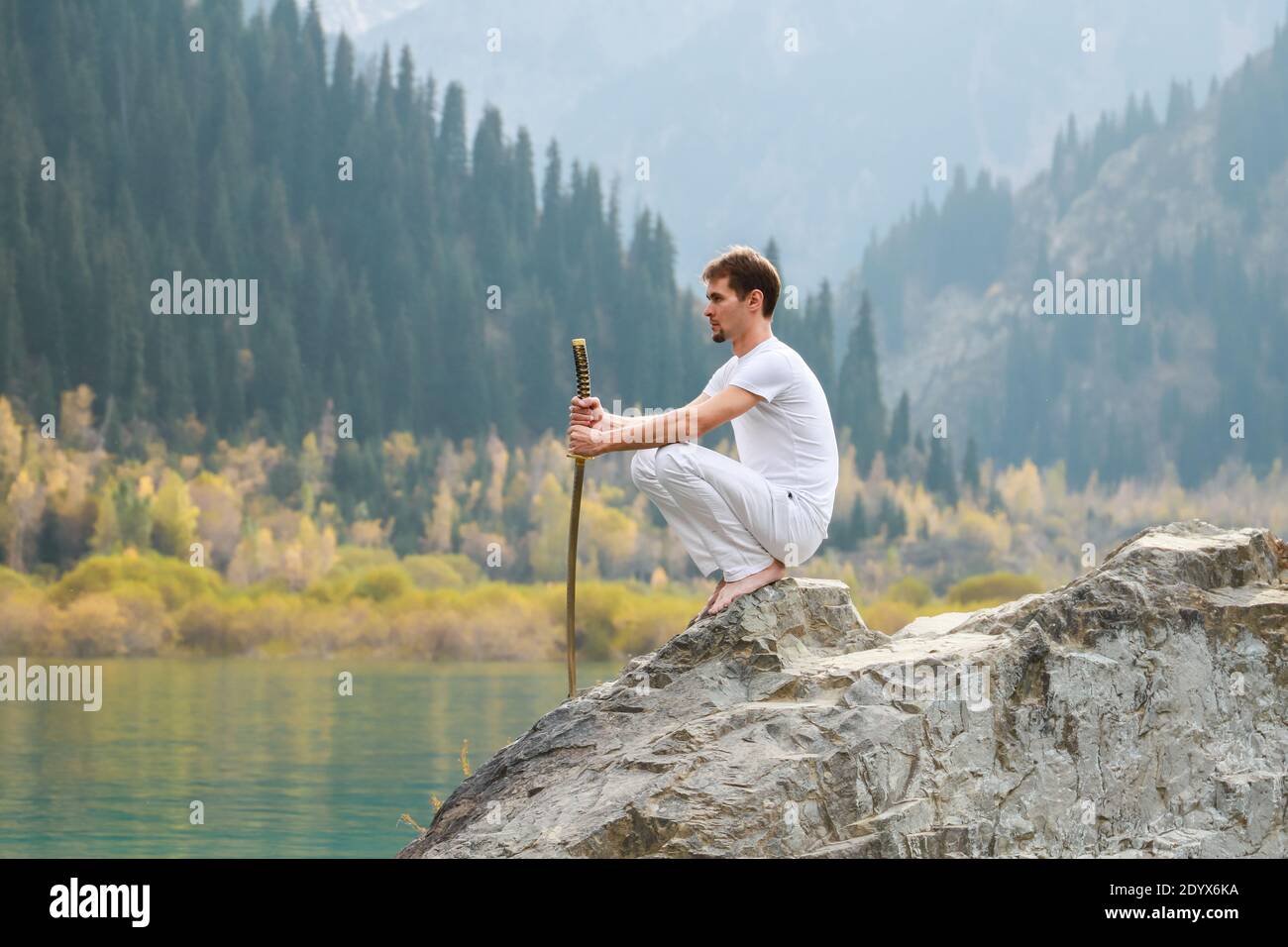 A man with a beard lowered his battle sword. Male defeat Stock Photo ...