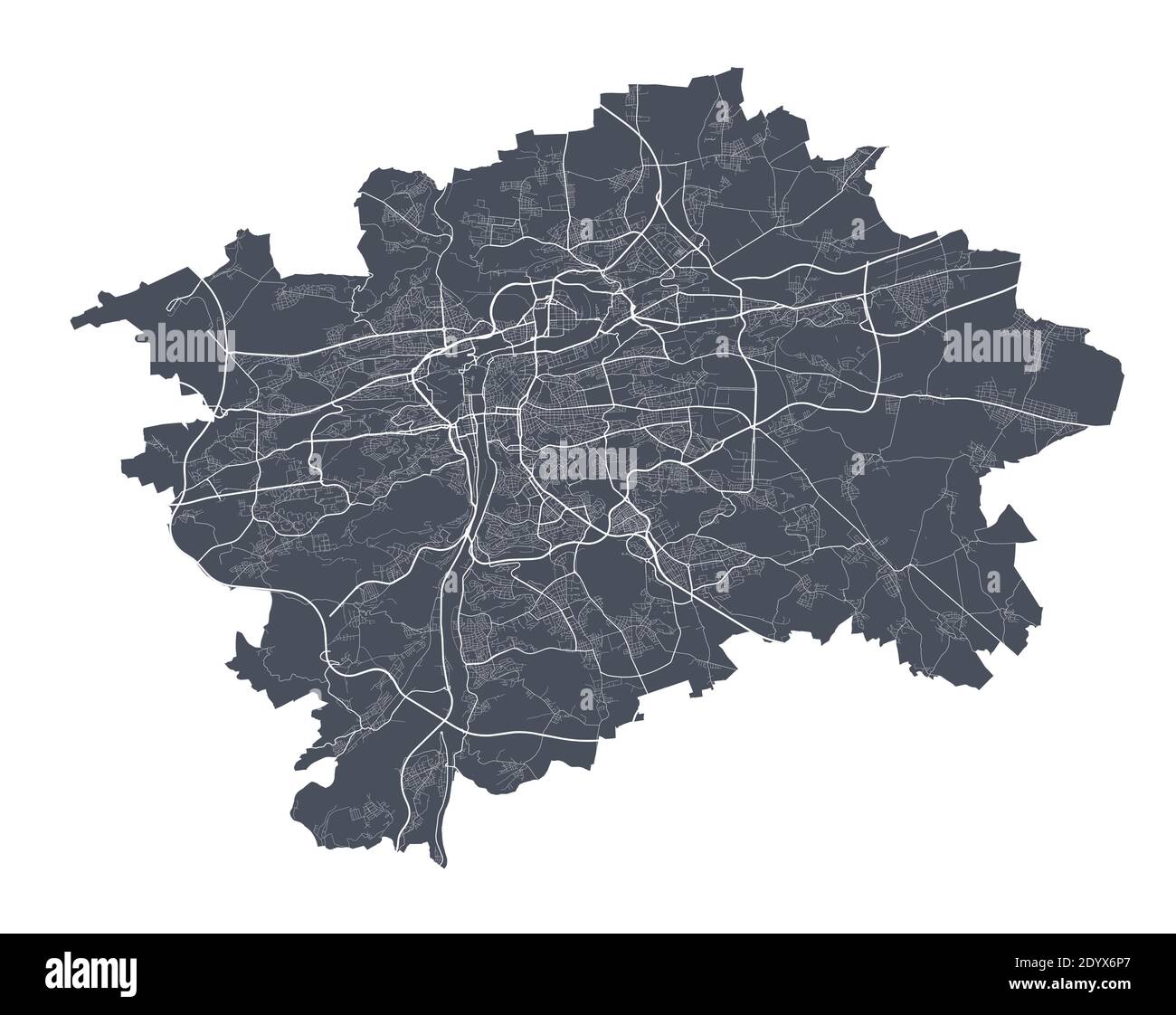 Prague map. Detailed vector map of Prague city administrative area. Dark poster with streets on ...