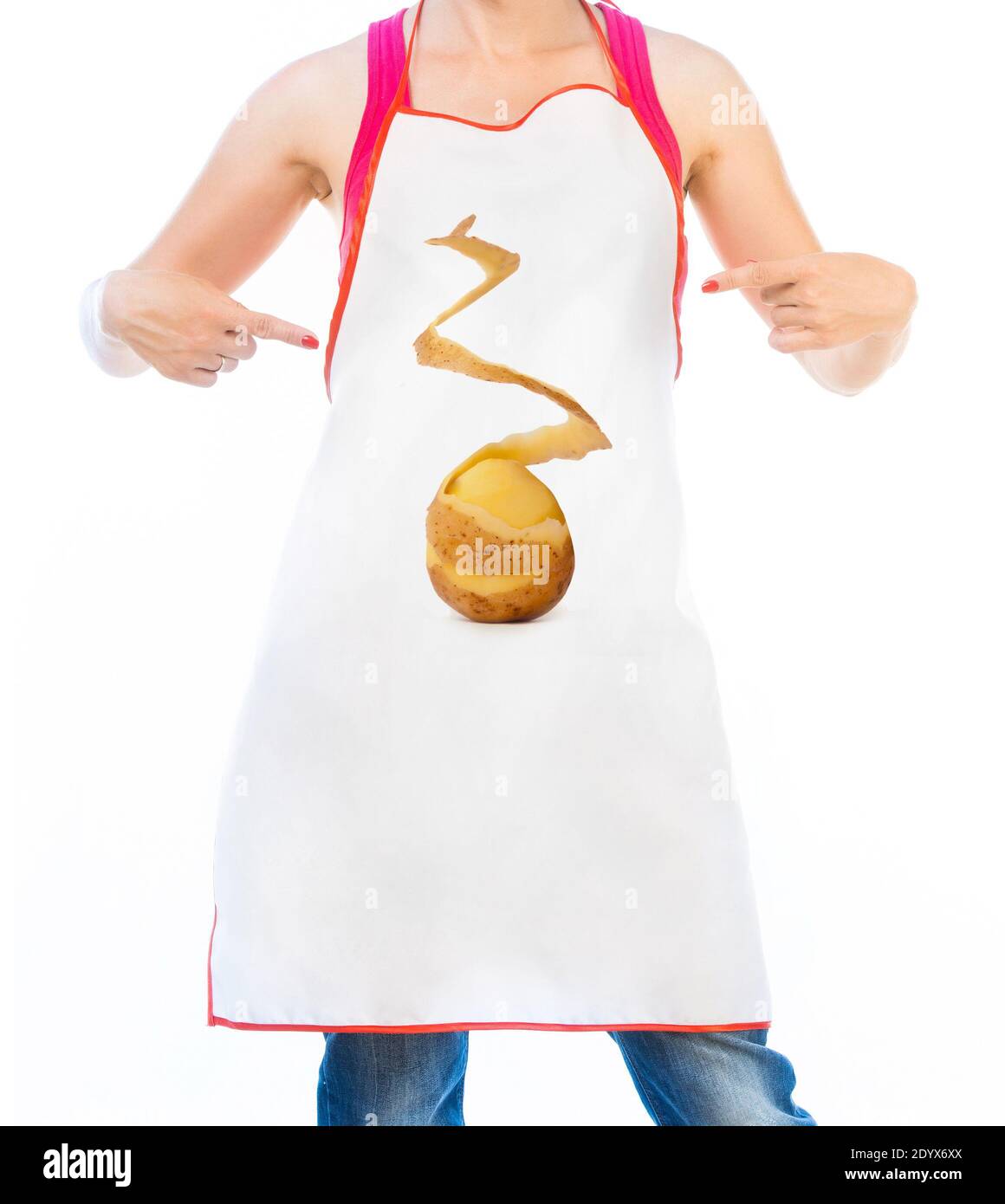 Beautiful woman in kitchen apron with cute print isolated on white ...