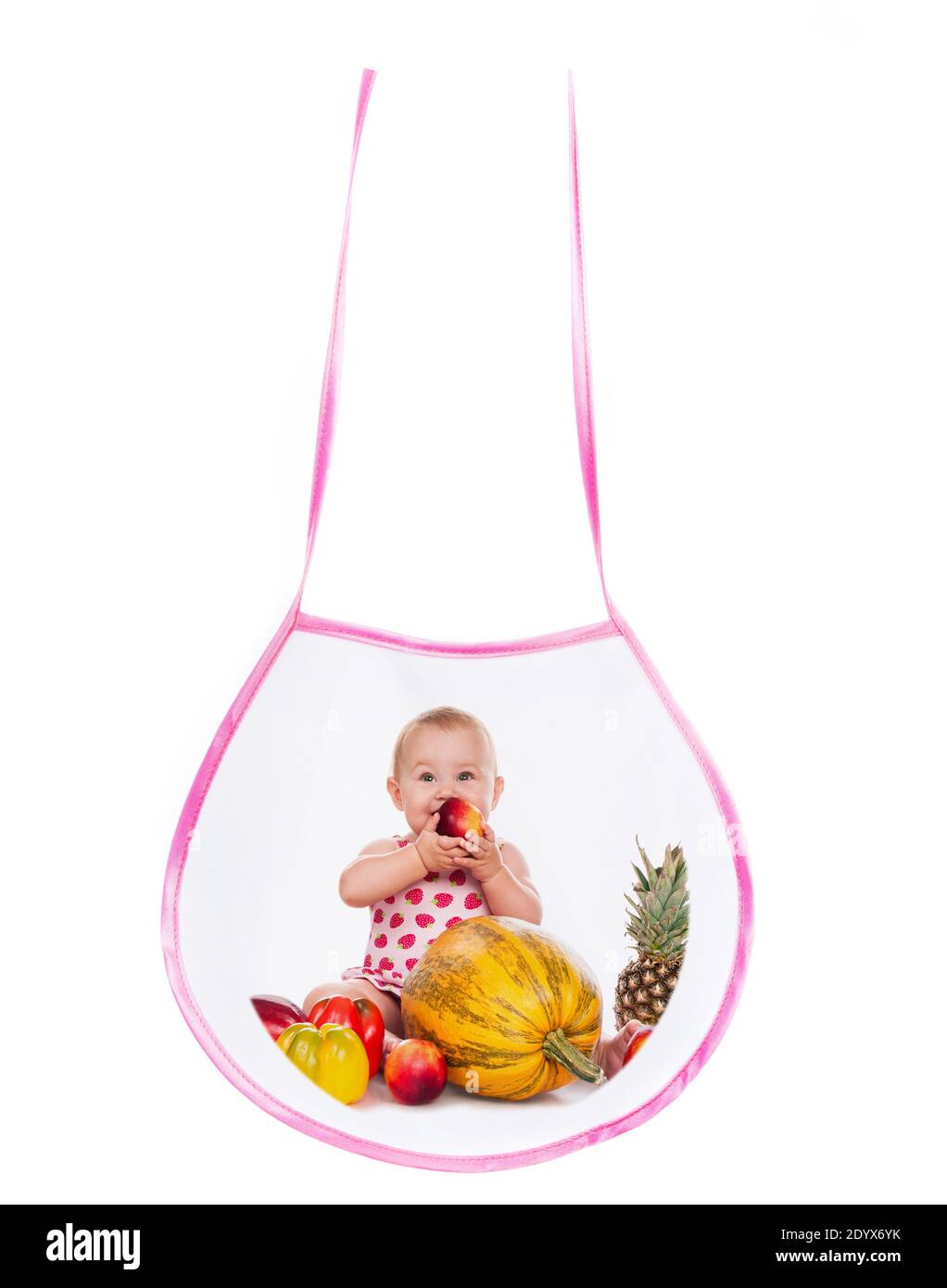 Cute bib for baby feeding with personal print isolated on white ...