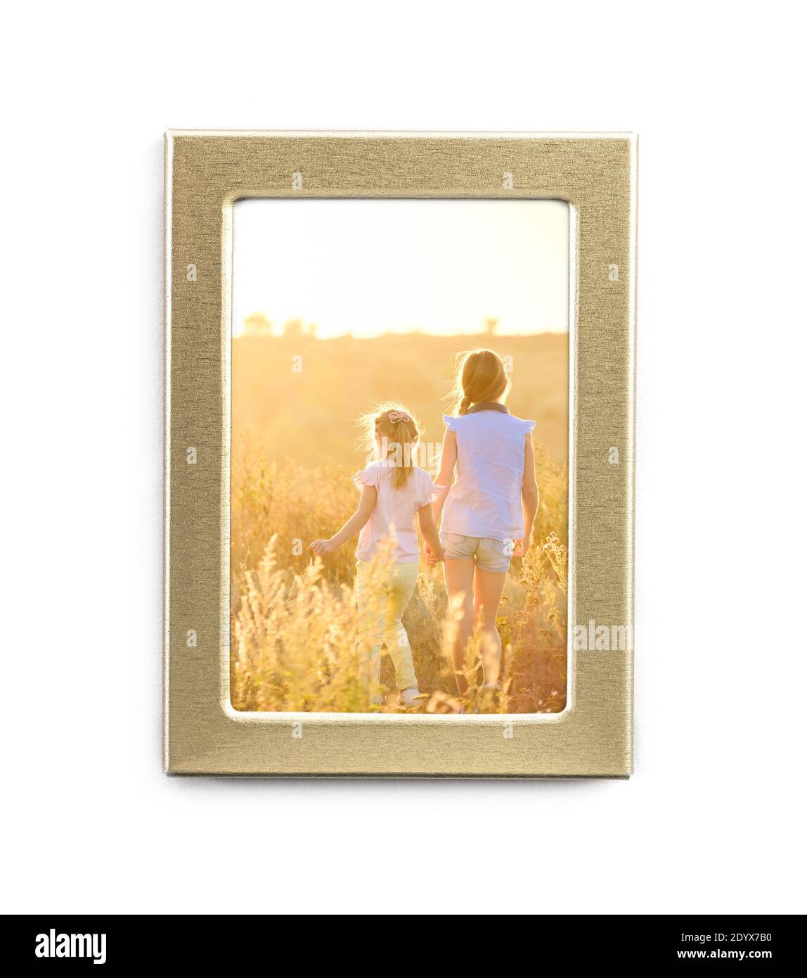 Gold rectangular frame with beautiful summer photo isolated on white ...