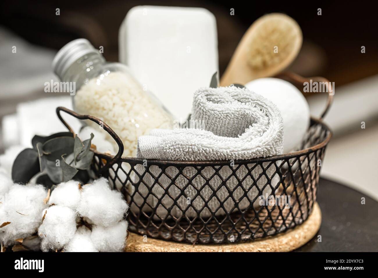 Body care products in a metal basket. Health and hygiene concept Stock ...