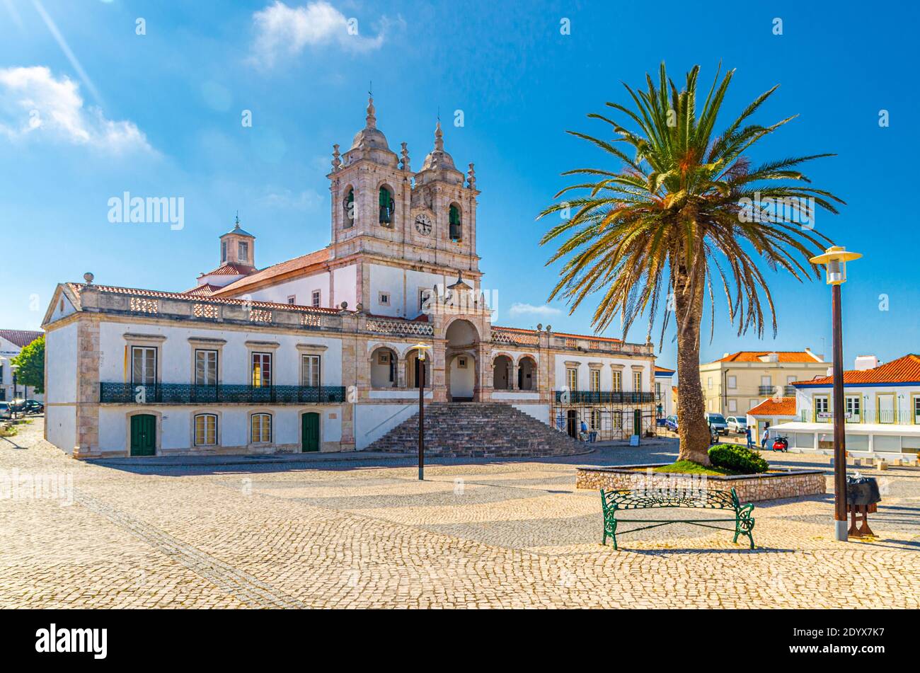 Sanctuary of Our Lady of Nazare catholic church in cobblestone square ...