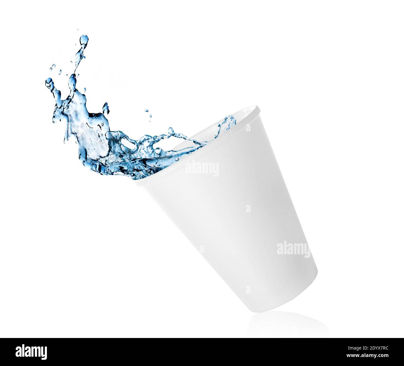 Pure blue water splashing from paper cup isolated on white background ...
