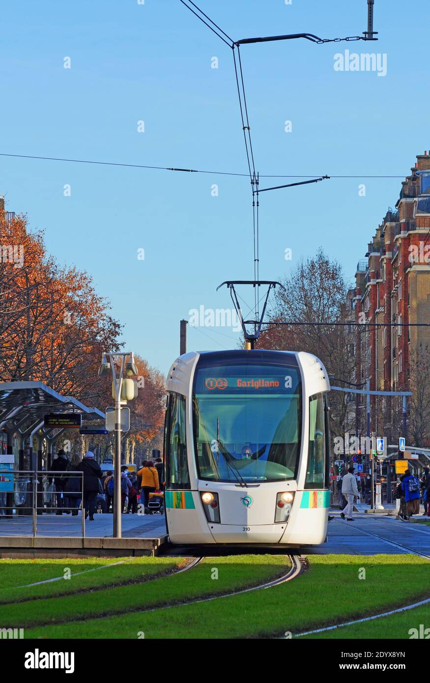 PARIS, FRANCE -18 DEC 2020- View of the tramway line T3 opened in Paris ...