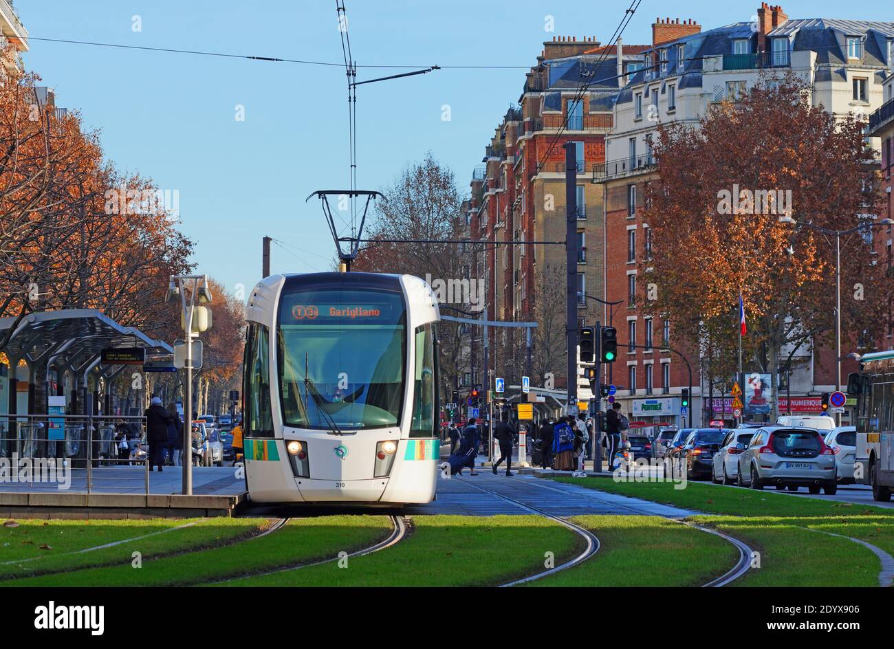 PARIS, FRANCE -18 DEC 2020- View of the tramway line T3 opened in Paris ...
