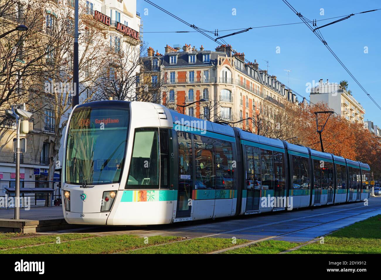 PARIS, FRANCE -18 DEC 2020- View of the tramway line T3 opened in Paris ...