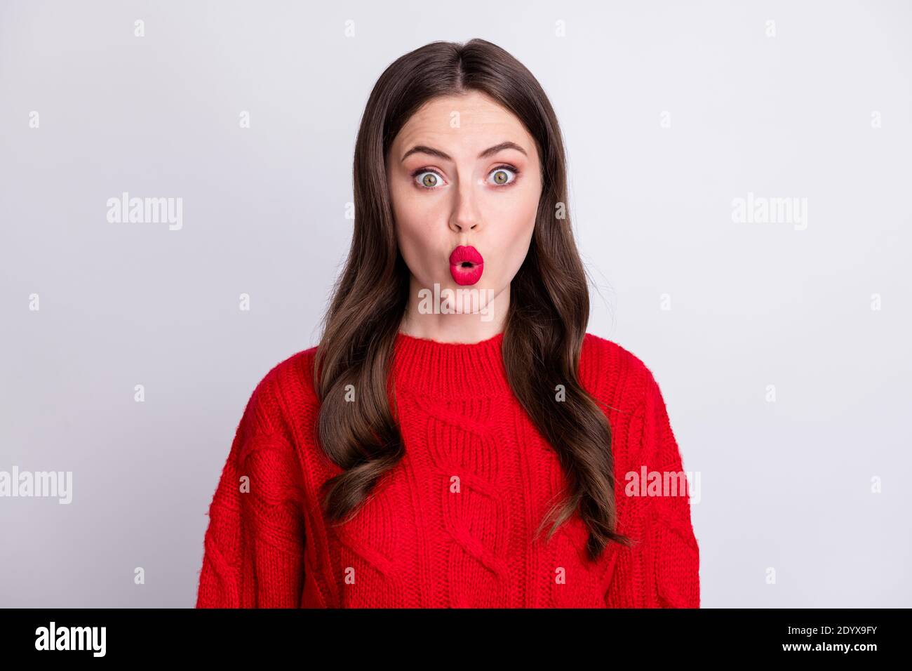 Photo portrait of shocked pretty girl whistle staring in warm winter ...