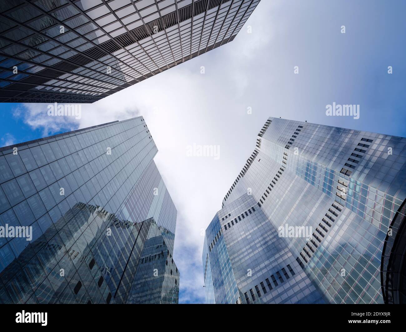 A dramatic view of three commercial skyscrapers seen from Undershaft in ...