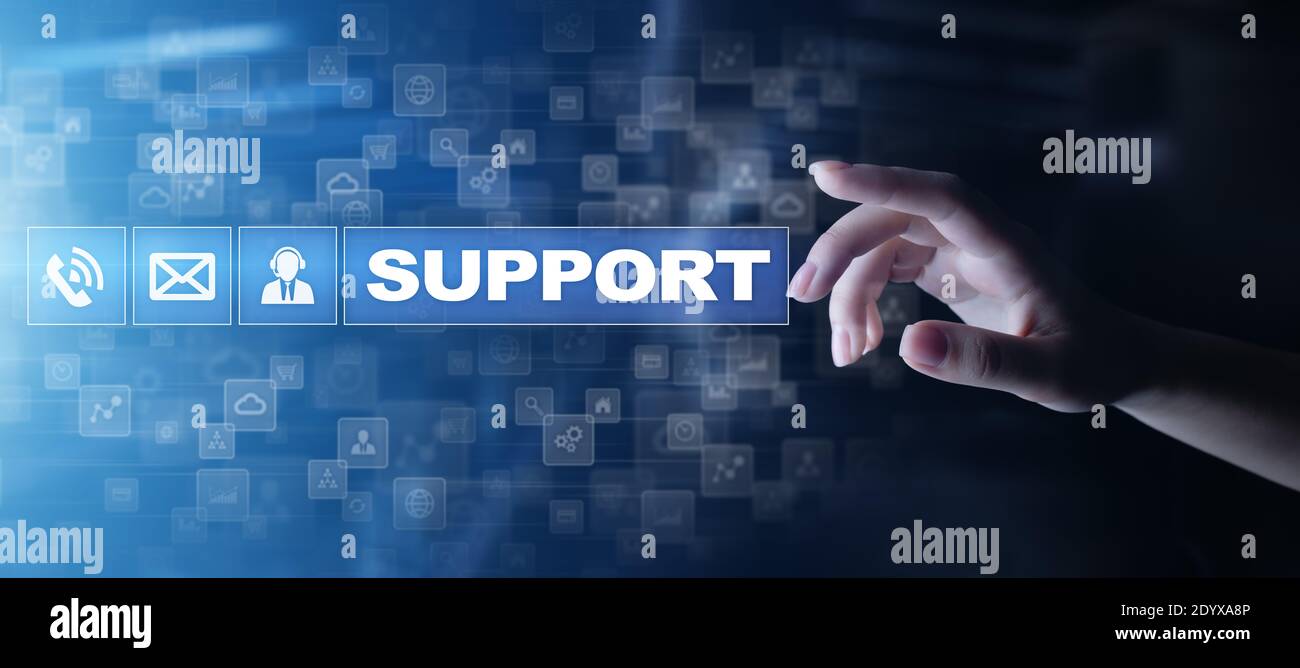 Support button on virtual screen. Customer service and communication ...